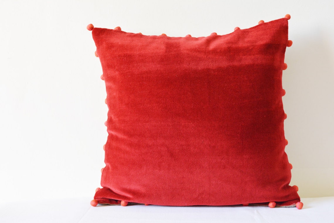 Red Velvet Pillow With Pink Pom Poms Red Velvet Cushion | Etsy