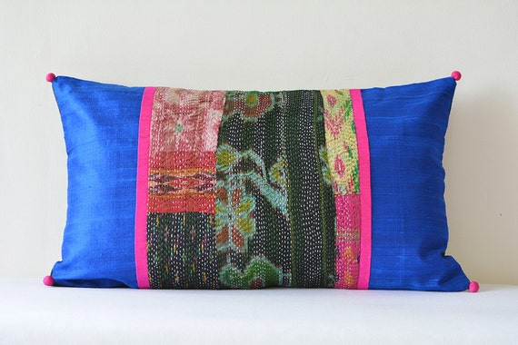 Blue Patchwork Pillow With Vintage Sari Hand Stitched Kantha & | Etsy
