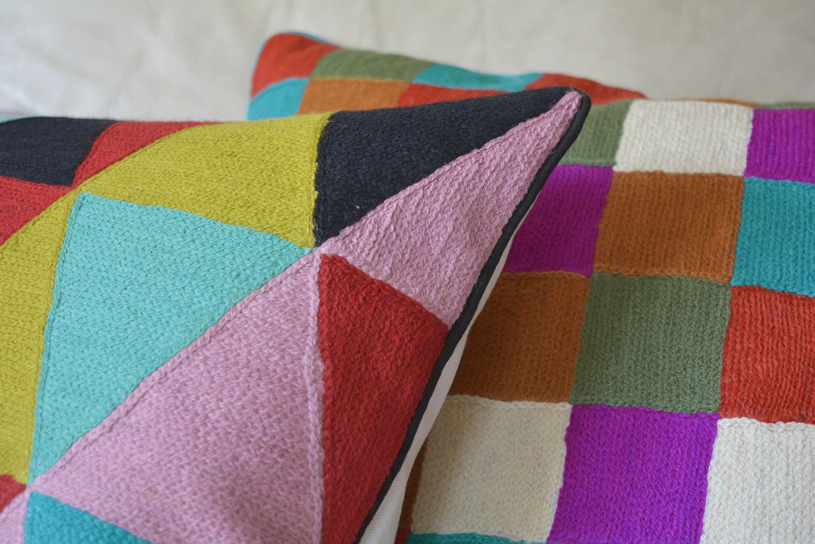 Triangles Multi Colour Embroidered Wool Cushion Cover Bold | Etsy