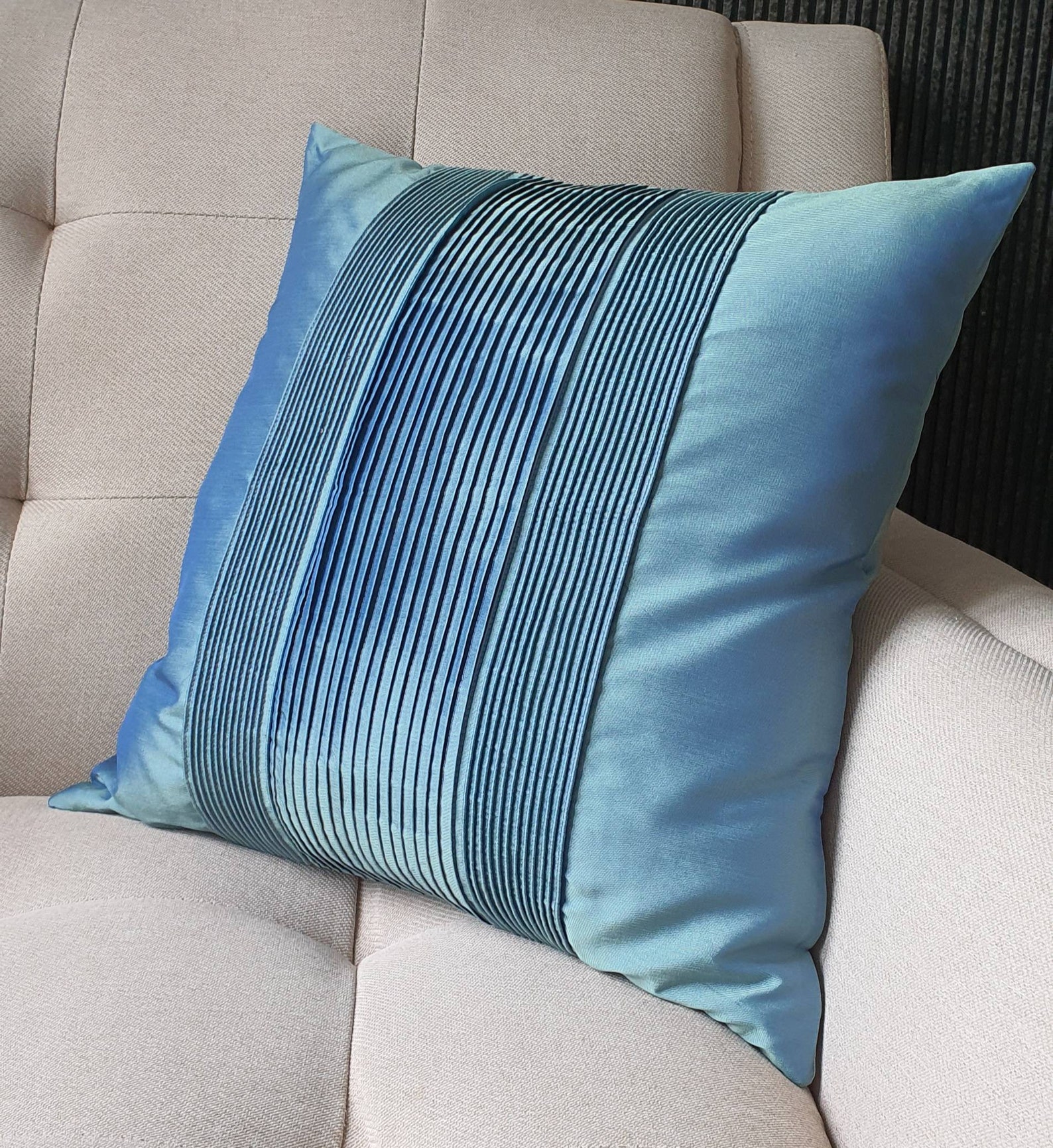 Blue Pleated Taffeta Pillow Cover Solid Blue Textured | Etsy