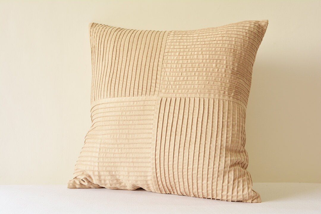 Beautiful Beige Textured Pillow Cover, Pin Tucks and Patchwork Cushion ...