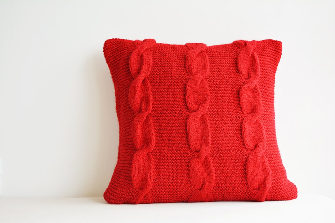Red Hand Knitted Holiday Pillow With Mother of Pearl Buttons ...