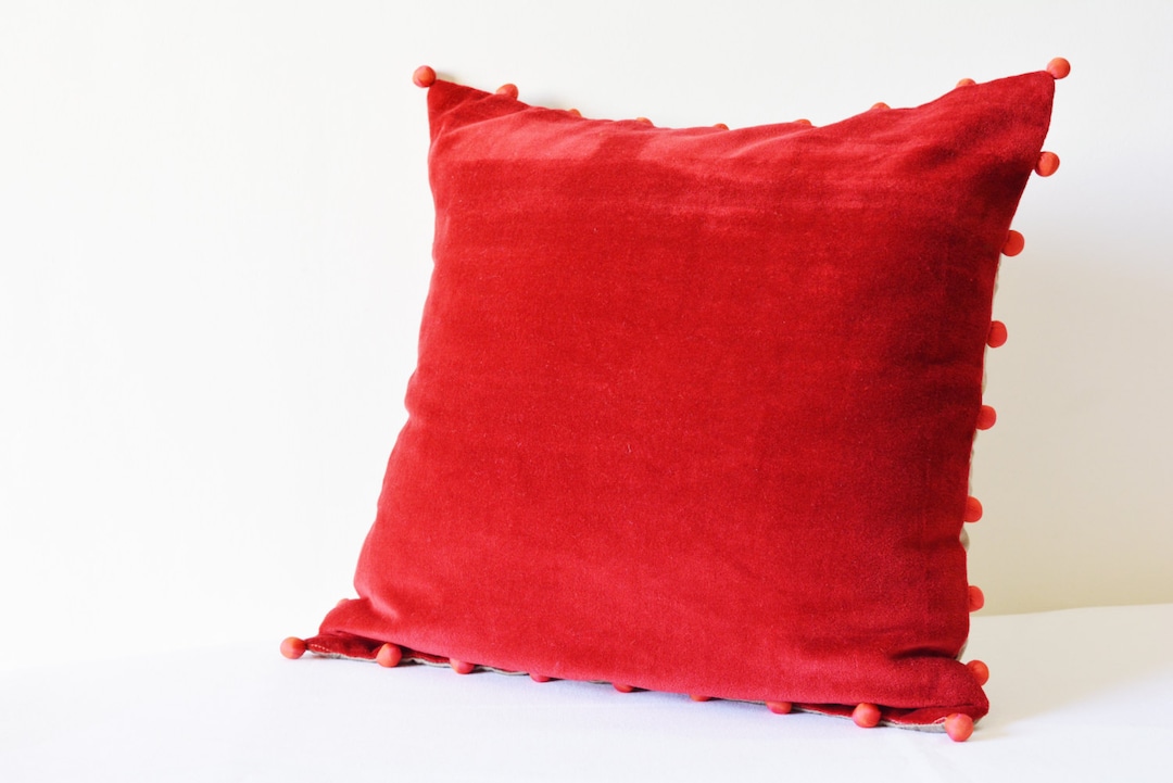 Red Velvet Pillow With Pink Pom Poms , Red Velvet Cushion Cover , Red ...