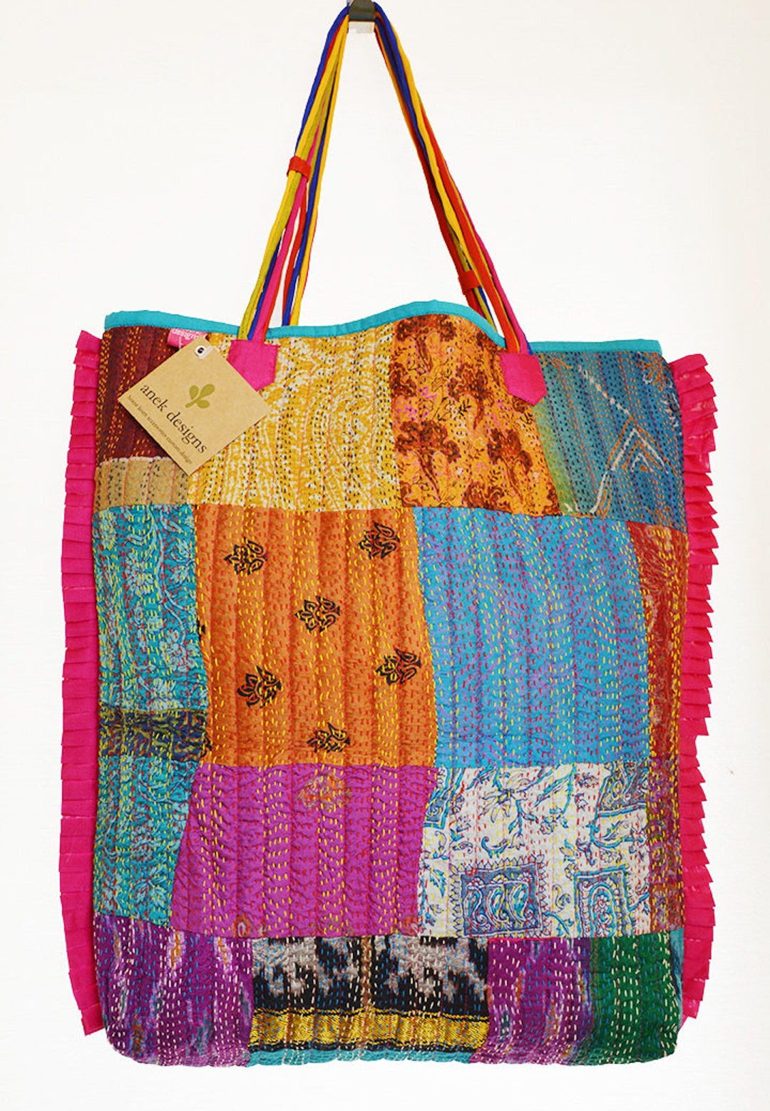 Vintage Kantha Shopping Bag With Multi Color Strings & Pink Edge Detail ...
