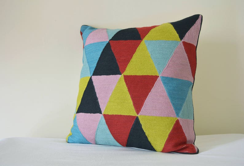 Triangles Multi Colour Embroidered Wool Cushion Cover Bold | Etsy