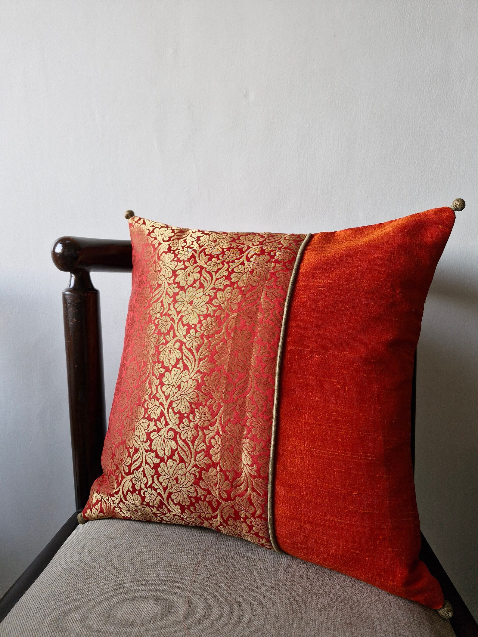 Festive Burnt Orange & Gold Patchwork Brocade Pillow Cover , Brocade ...