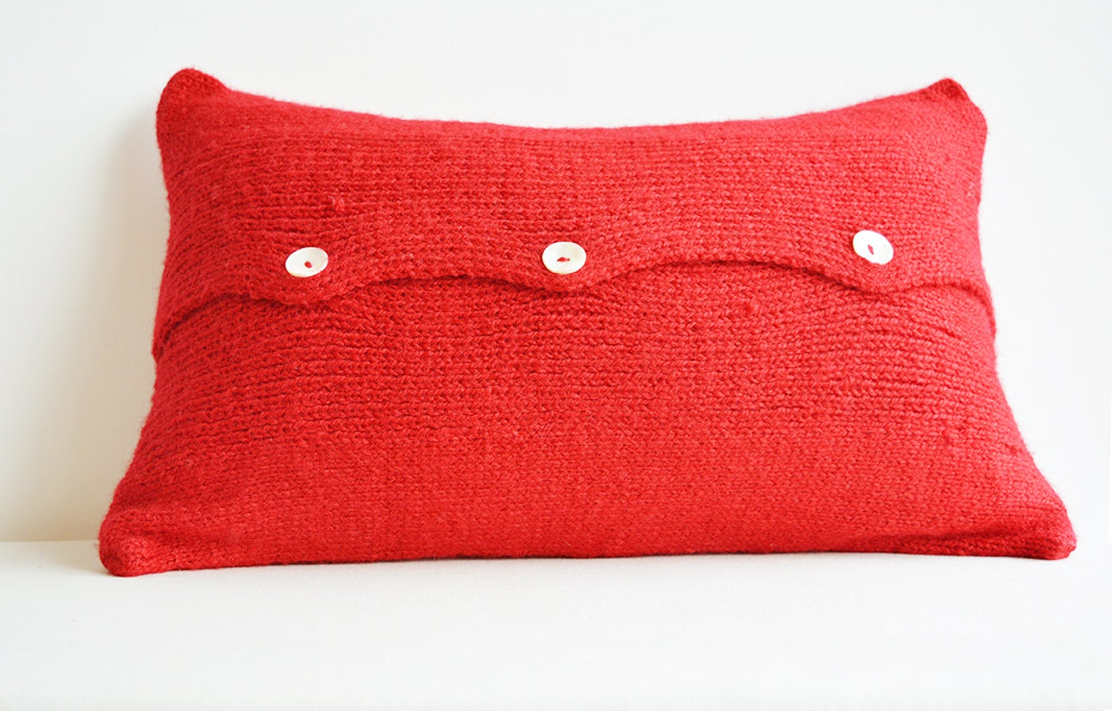 Red Hand Knitted Lumbar Pillow with Mother of Pearl Buttons | Etsy