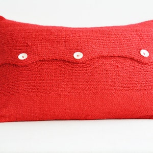 Red Hand Knitted Lumbar Pillow With Mother of Pearl Buttons , Christmas ...