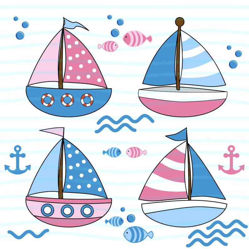 Cartoon Sailboat Clipart: Pink & Blue Nautical PNG Images - Etsy