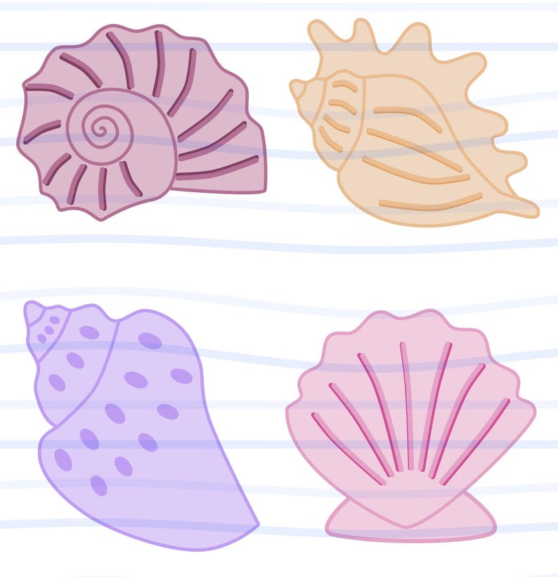 Pastel Seashell Clipart: Pink & Purple Cartoons (PNG, 300 DPI) - Etsy