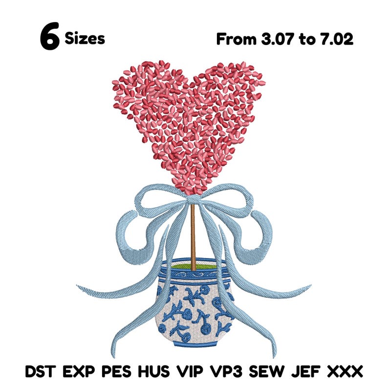 Chinoiserie Red Heart Topiary Embroidery Design | Pastel Heart Topiary ...