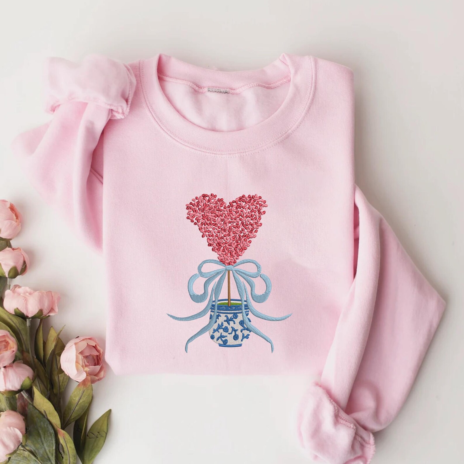 Chinoiserie Red Heart Topiary Embroidery Design | Pastel Heart Topiary ...
