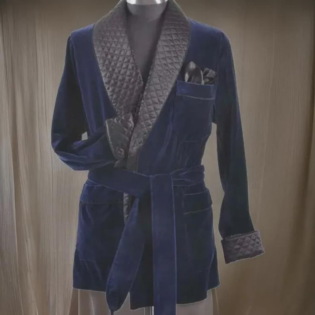 Men's Blue Velvet Smoking Jacket, Velvet Smoking Jacket With Silk ...