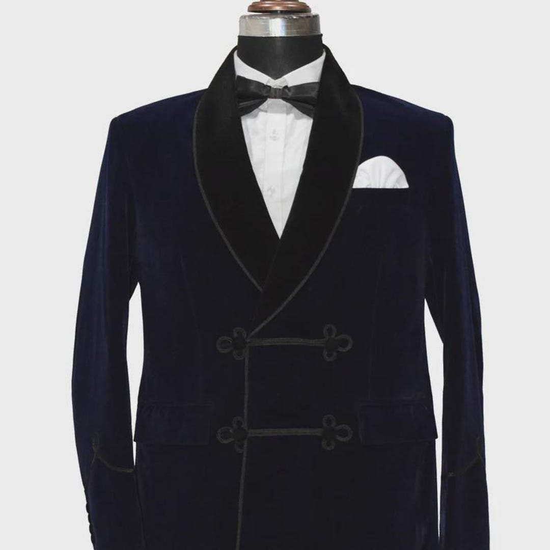 Navy Blue Smoking Jacket for Men Double Breasted Velvet Coats Blazers ...