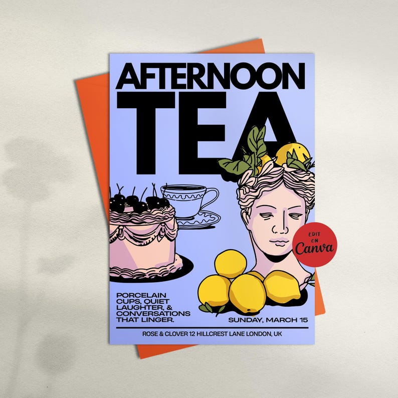 Afternoon Tea Party Invitation Template – Bold Illustrated Canva Design ...