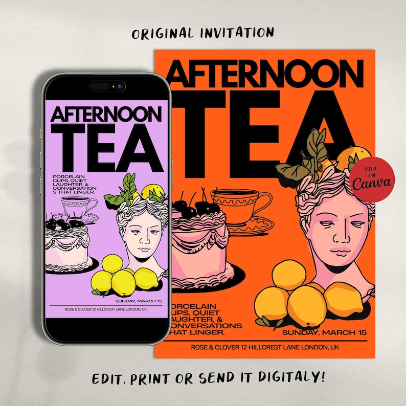 Afternoon Tea Party Invitation Template – Bold Illustrated Canva Design ...