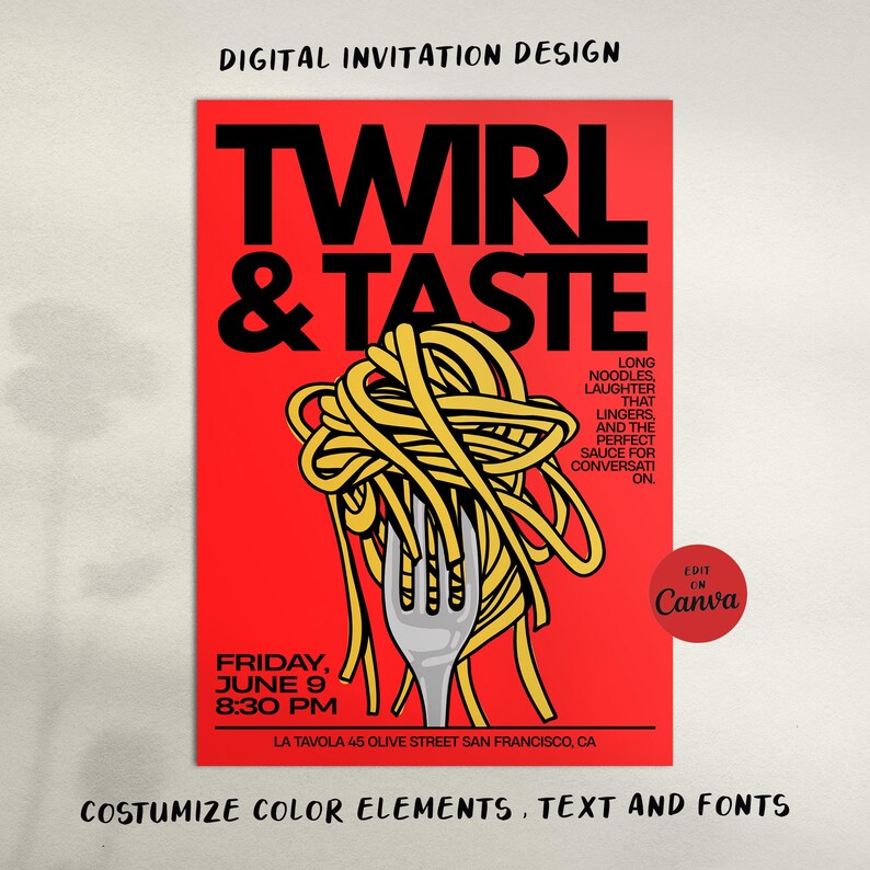 Bold Pasta Dinner Party Invitation Template - Editable Canva Design ...