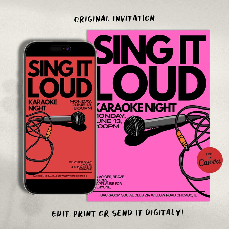 Bold Editable Karaoke Invite | Canva Template | Singing Party Poster ...