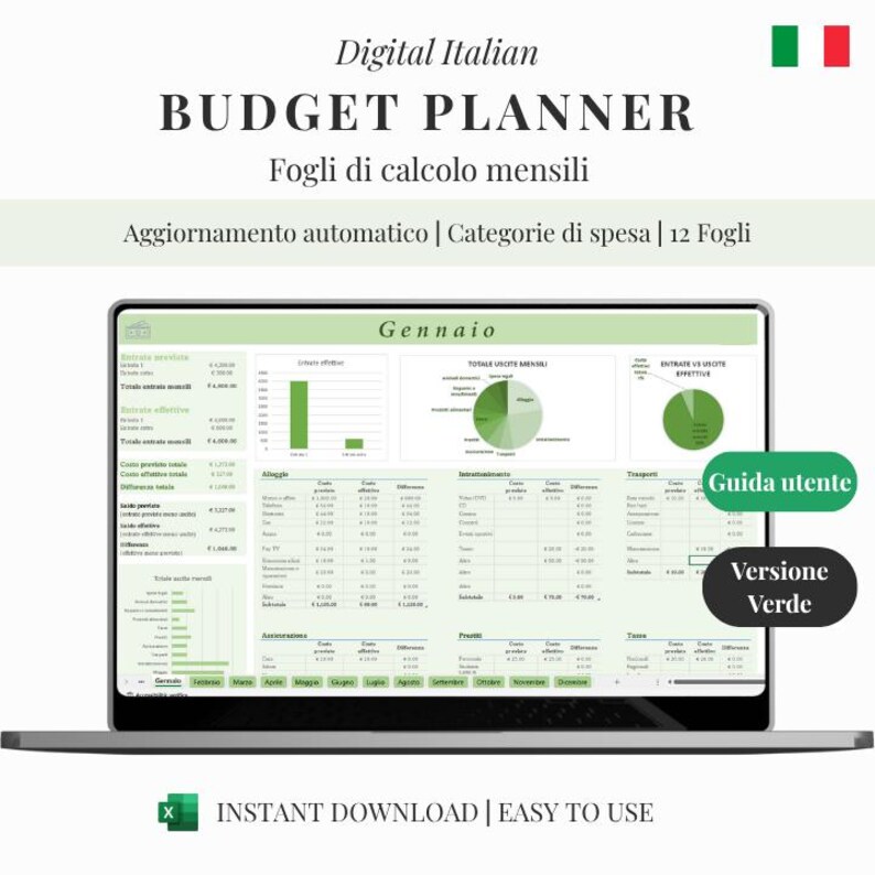 Gestione SPESE MENSILE Italian - Template Excel MINIMAL verde per ...