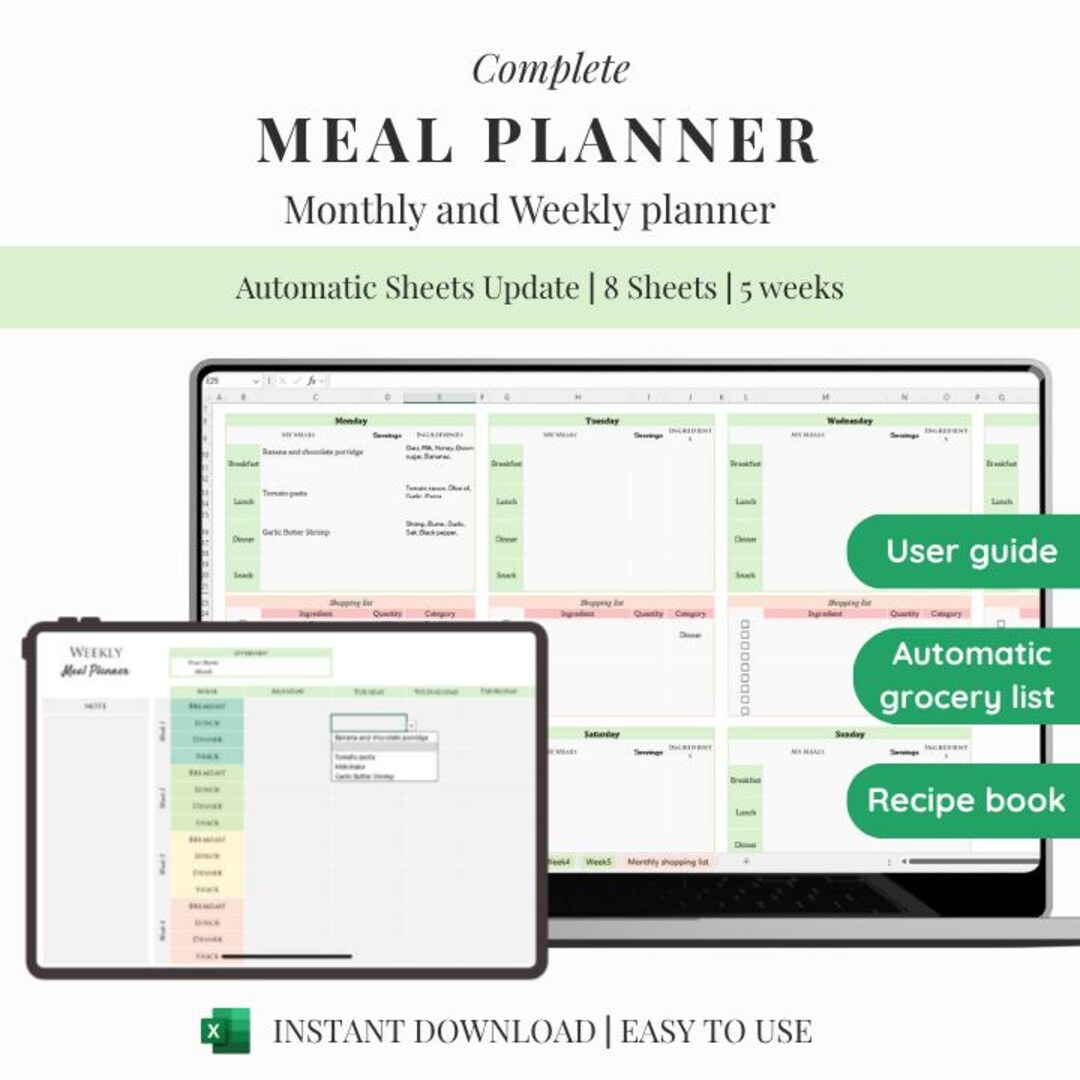 Weekly MINIMAL MEAL PLANNER Spreadsheet Excel - Grocery List, Recipe ...