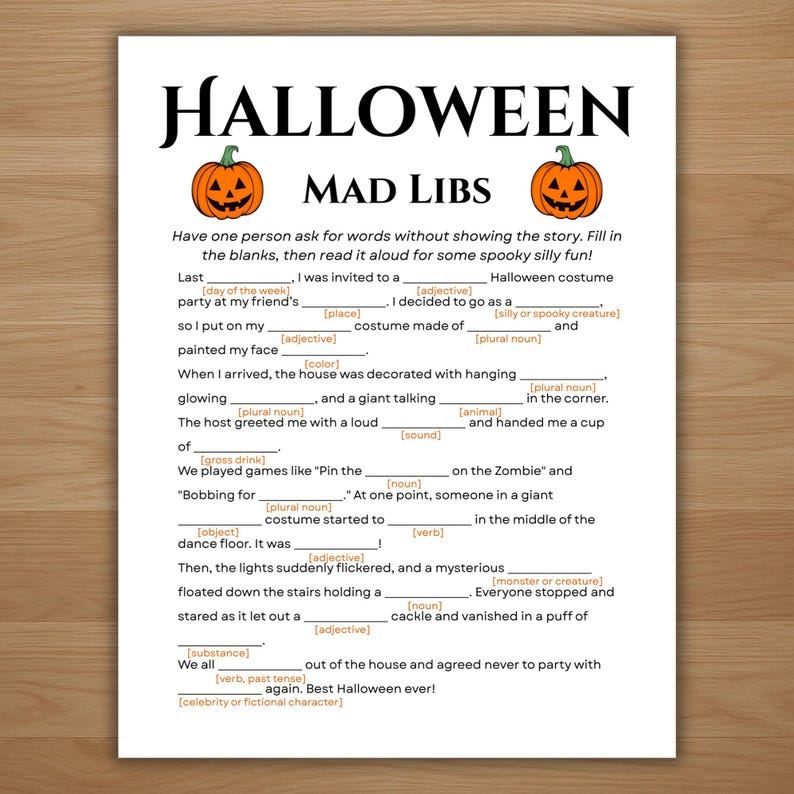 Halloween Mad Libs Game, Printable Spooky Story Game for Kids, Teens ...