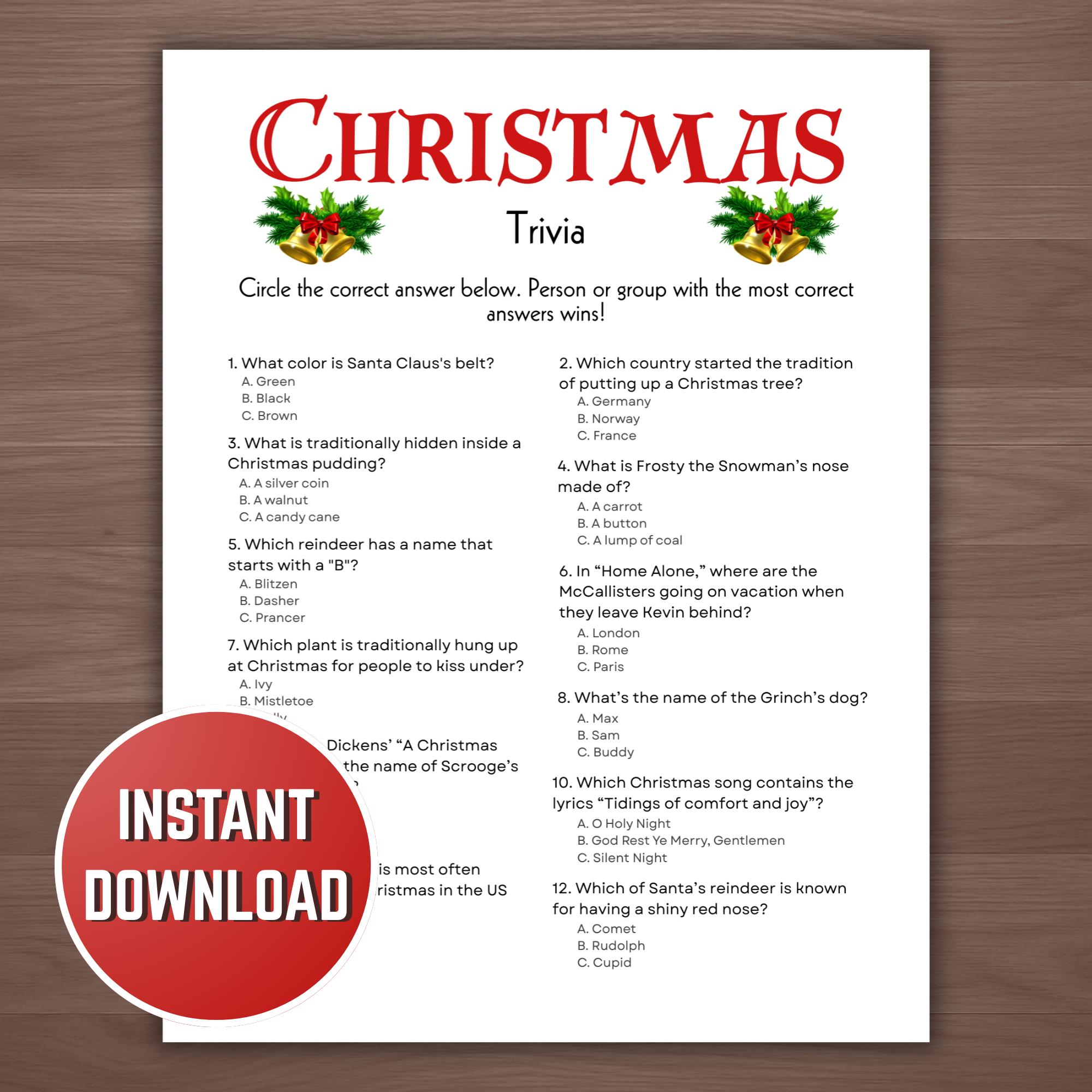 Christmas Trivia Game Fun Festive Holiday Quiz Printable Xmas Party ...