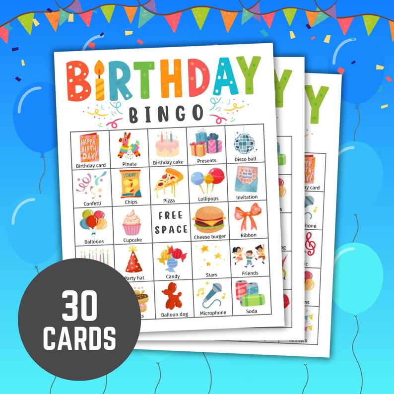 Birthday Bingo Game - 30 Printable Cards for Kids and Adults - Cute ...