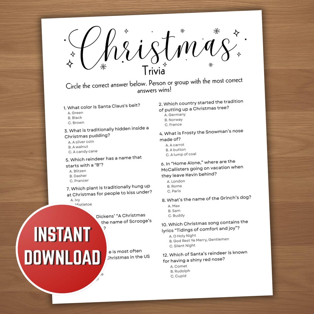 Christmas Trivia Game Fun Festive Holiday Quiz Printable Xmas Party ...