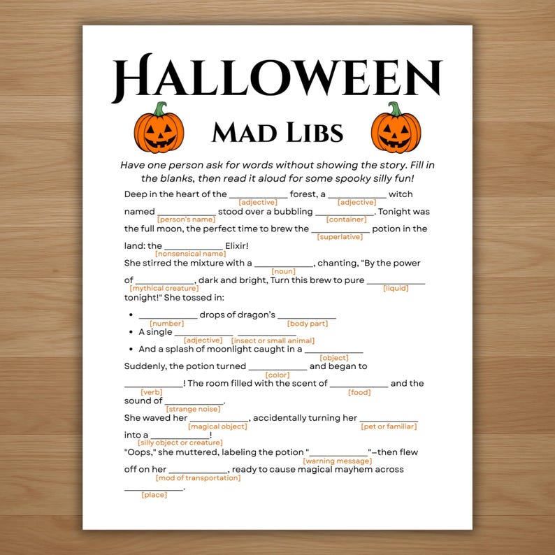 Halloween Mad Libs Game, Printable Spooky Story Game for Kids, Teens ...