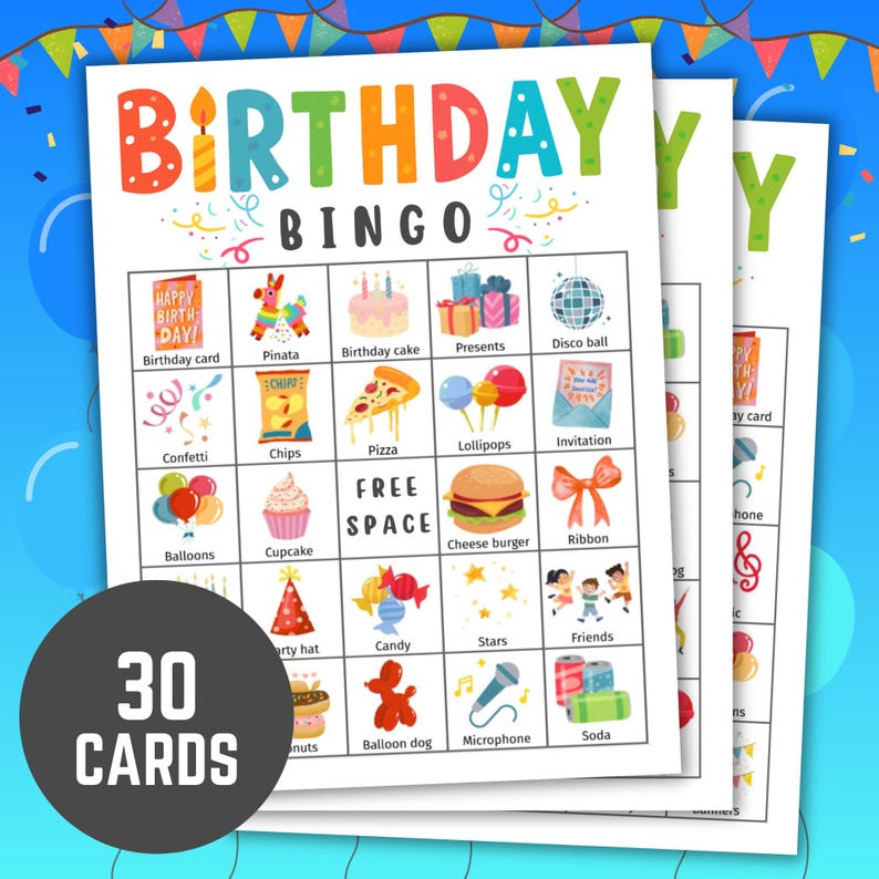 Birthday Bingo Game Printable, 30 Unique Colorful Cards, Fun Birthday ...