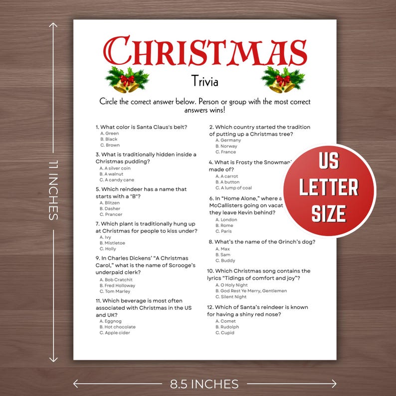 Christmas Trivia Game Fun Festive Holiday Quiz Printable Xmas Party ...
