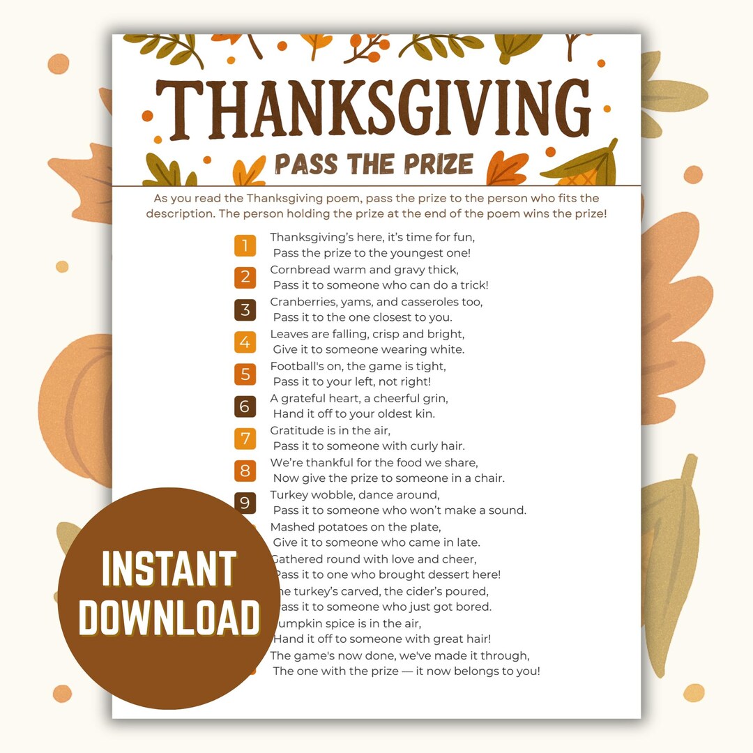 Thanksgiving Pass the Prize Game Printable, Fun Fall Rhyme Party ...