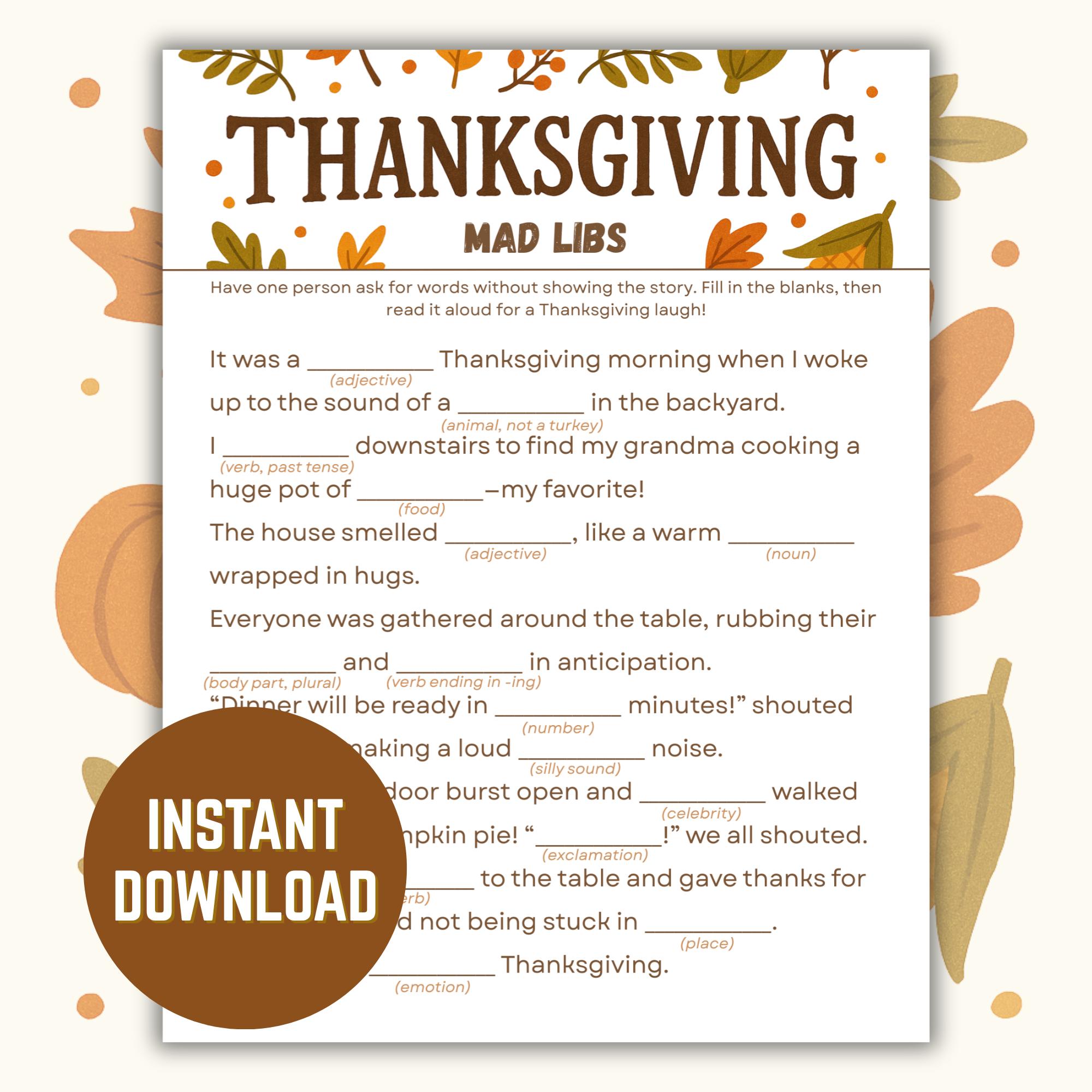 Thanksgiving Mad Libs Game Printable, Funny Fill-in-the-blank Fall ...