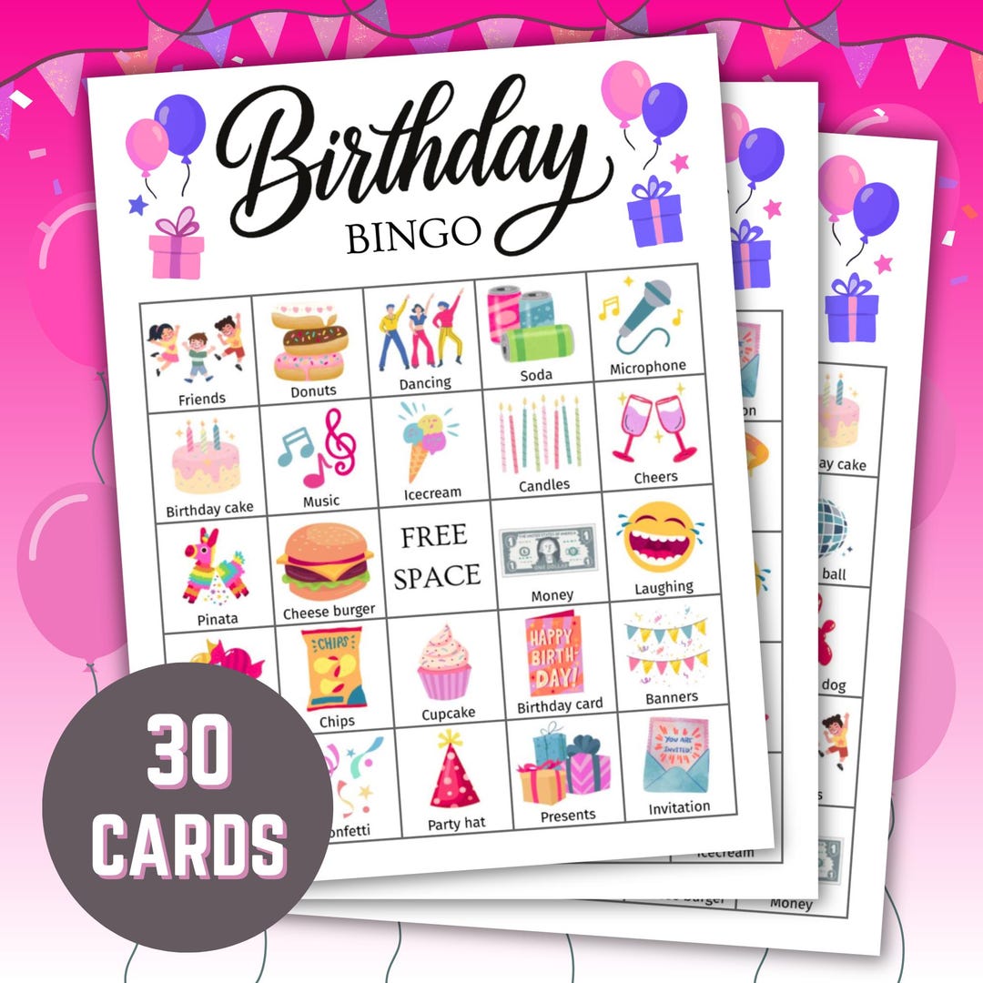 Birthday Bingo Game Printable, 30 Elegant Pink/purple Party Cards in ...