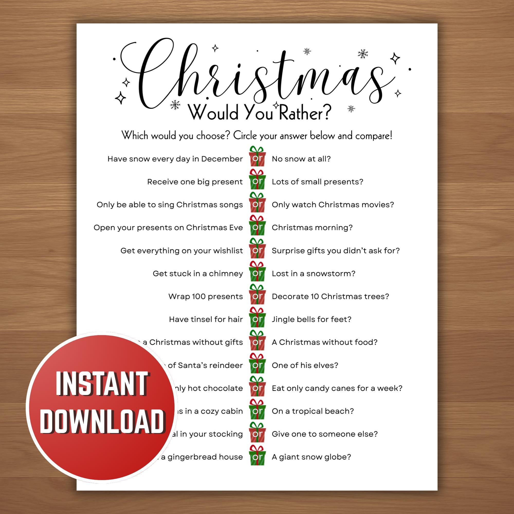 Christmas Would You Rather Game Printable, Festive Party Game for Kids ...
