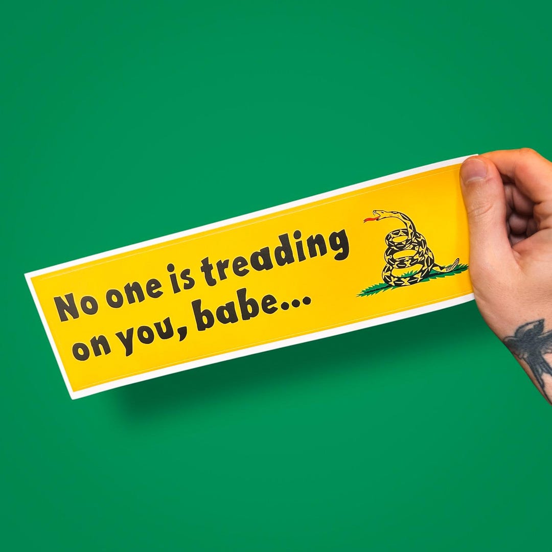 No One is Treading on You, Babe Bumper Sticker – Funny Political Parody ...