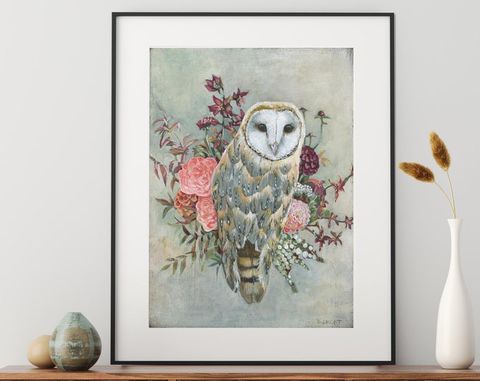 Boho Style Barn Owl Decor Owl and Flowers Poster Print | Etsy