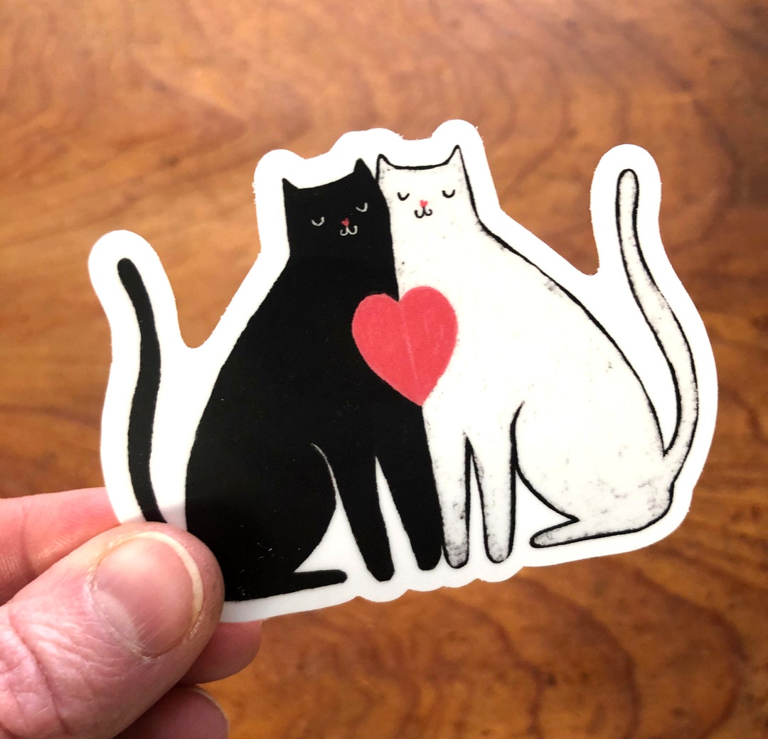 Snuggling Black and White Cats Sticker, Waterproof Vinyl Cats Sticker ...