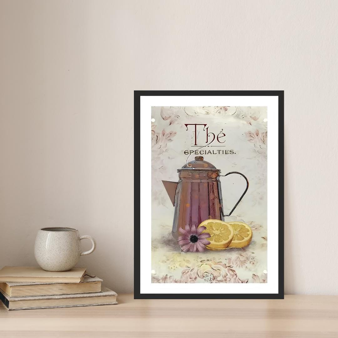 Vintage Tea Art Print, Rustic Kitchen Wall Decor With Lemon and Kettle ...