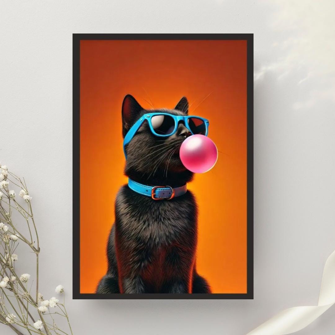 Funny Black Cat Wall Art, Cool Cat Poster With Sunglasses and Bubblegum ...