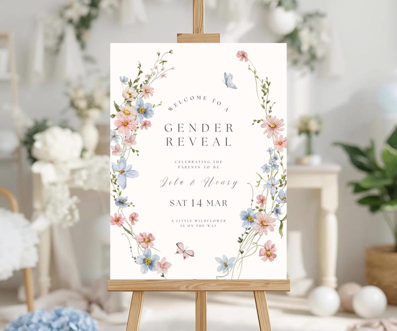 Floral Gender Reveal Welcome Sign: Wildflower Welcome Poster, Baby ...