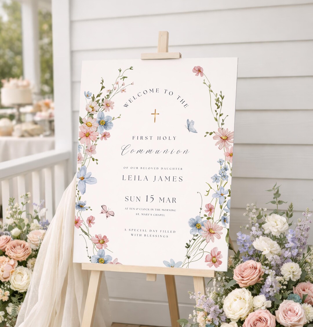 Floral Holy Communion Welcome Sign: Flower Cross Communion Poster, Girl ...