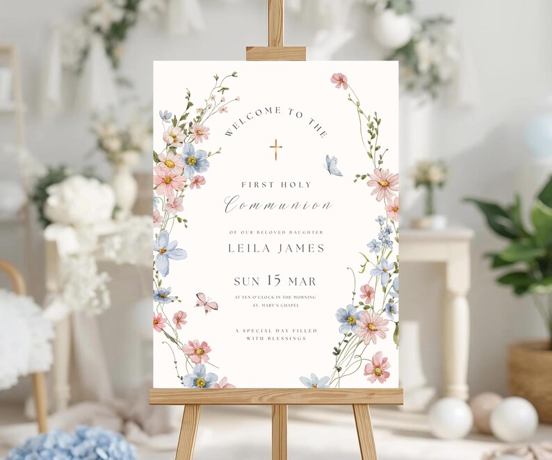 Floral Holy Communion Welcome Sign: Flower Cross Communion Poster, Girl ...