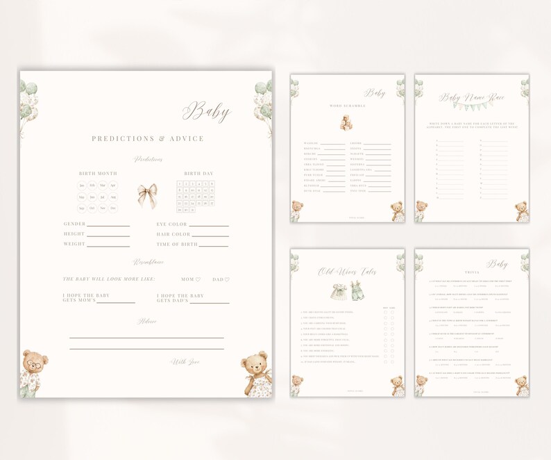 Gender Reveal Games Printable: Teddy Bear Baby Shower Activity, Neutral ...