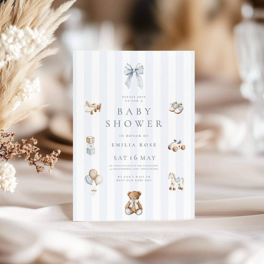 Blue Bear Baby Shower Invitation: Vintage Toys Baby Sprinkle Invite ...