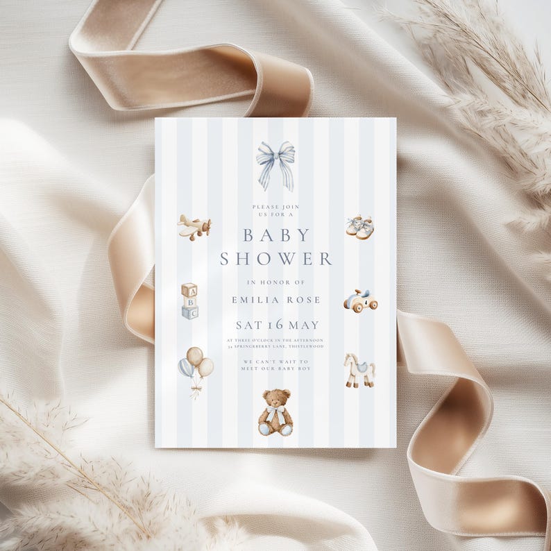 Blue Bear Baby Shower Invitation: Vintage Toys Baby Sprinkle Invite ...