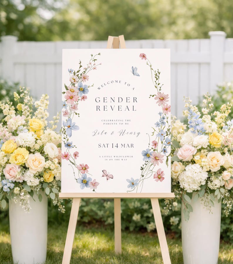 Floral Gender Reveal Welcome Sign: Wildflower Welcome Poster, Baby ...