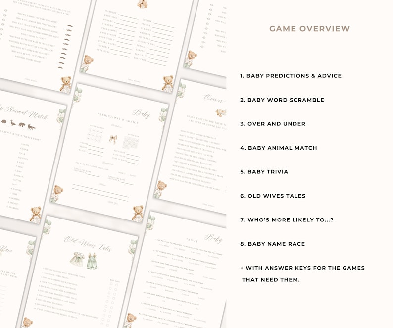 Gender Reveal Games Printable: Teddy Bear Baby Shower Activity, Neutral ...