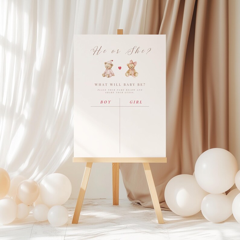 Guess the Gender Sign Printable: Romantic Teddy Gender Reveal Poster ...