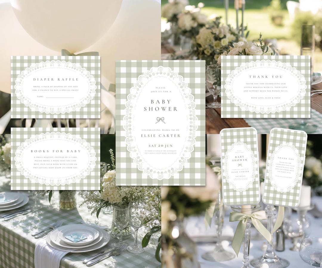 Green Gingham Baby Shower Mini Bundle: Vintage Lace Baby Party Set ...